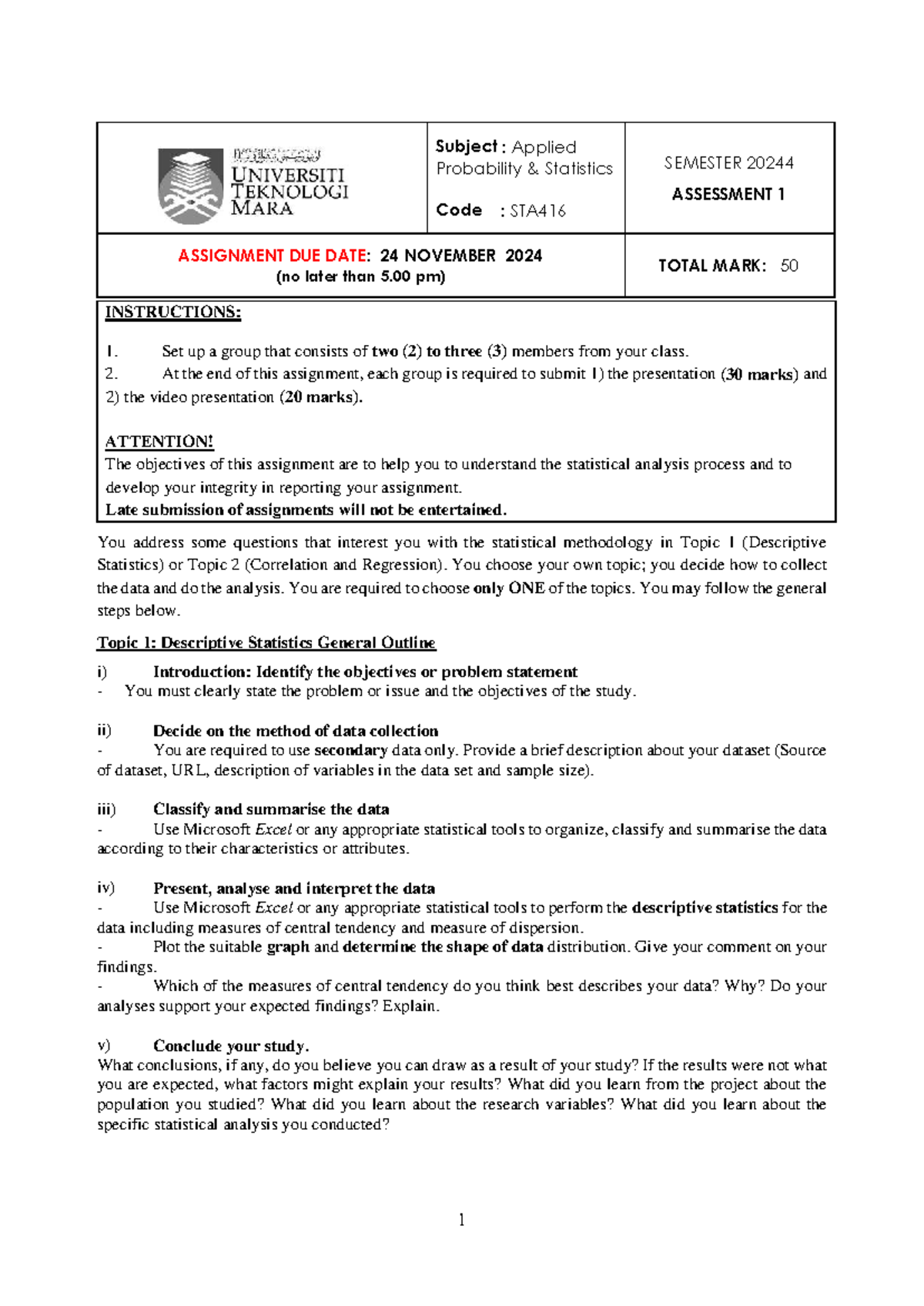 Group Project Instructions for STA416: Applied Probability Statistics - Studocu