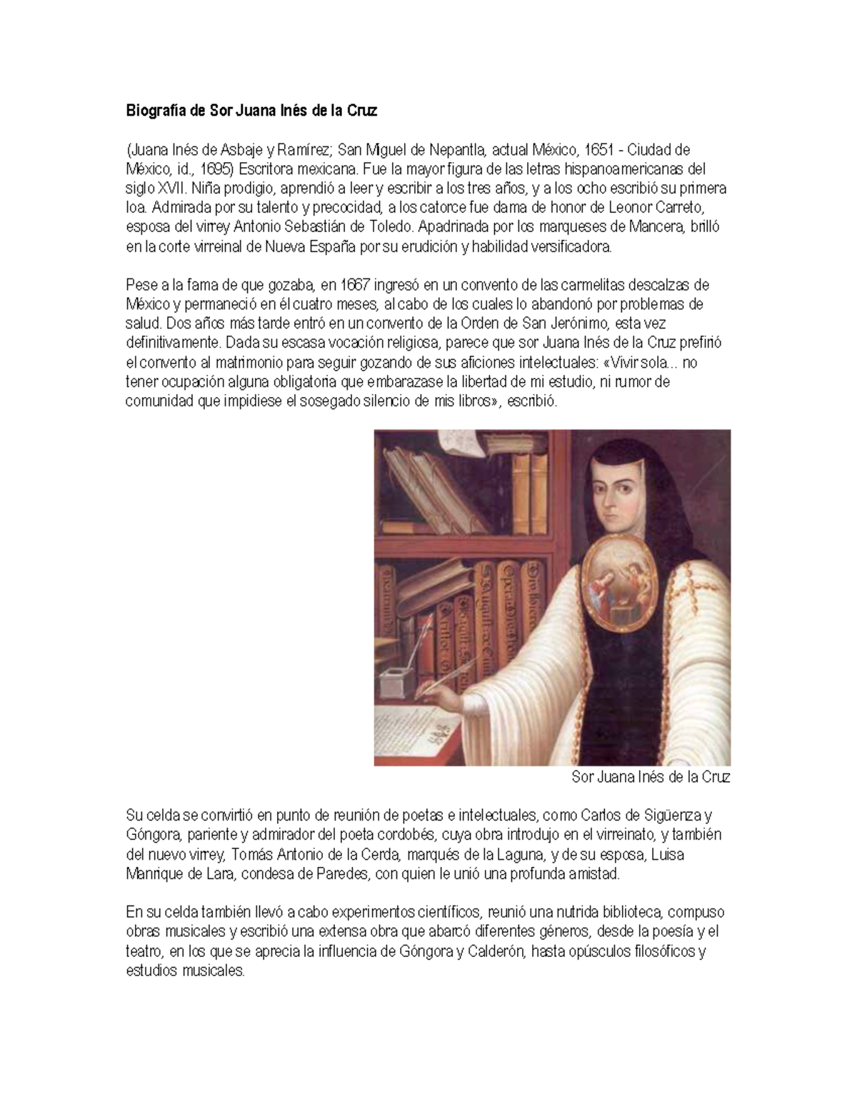 Biografía de Sor Juana Inés de la Cruz: Vida y Obra - Studocu