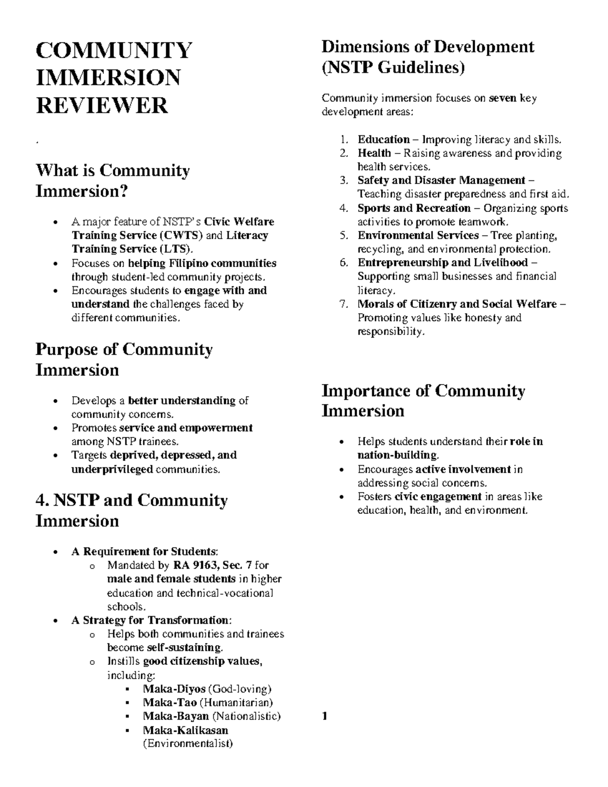 CWTS 101: Community Immersion Overview and Key Development Areas - Studocu