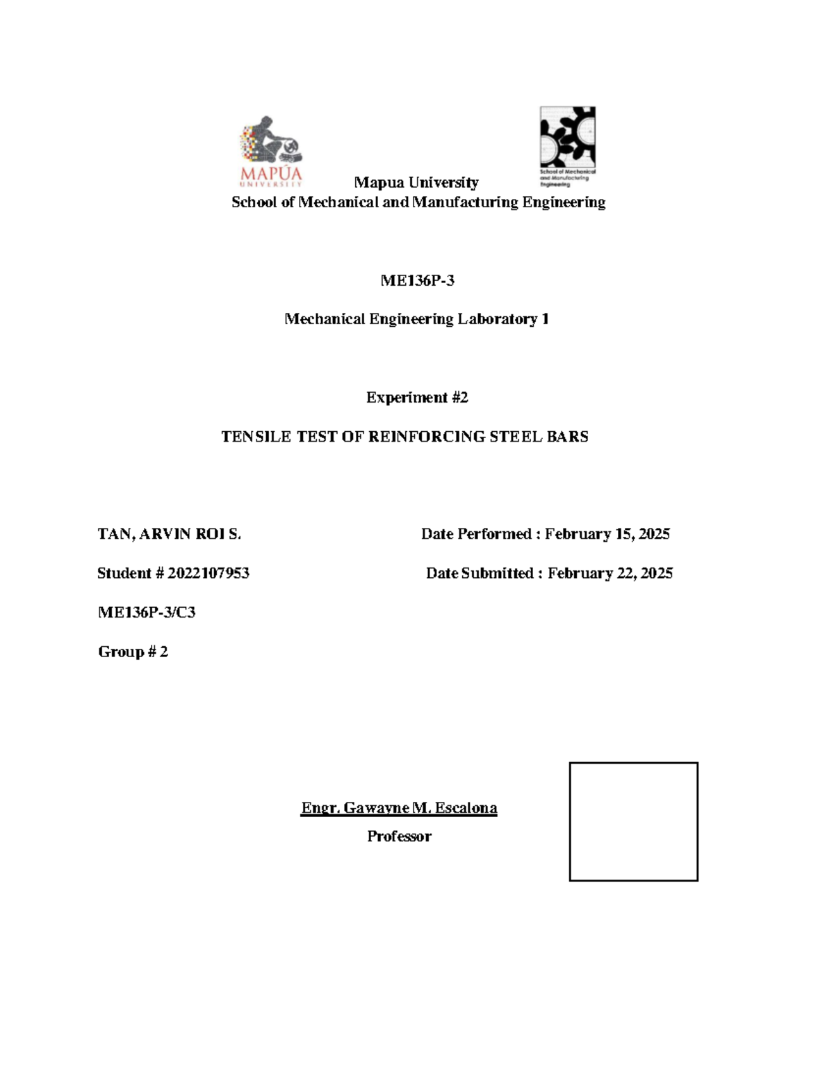TENSILE TEST OF REINFORCING STEEL BARS - ME 101 Experiment Report - Studocu