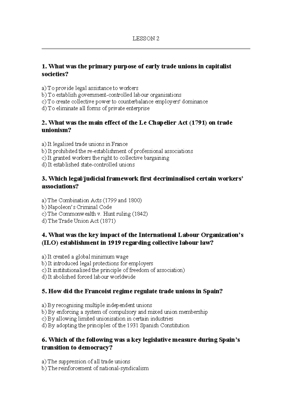 TEST LABOR LAW: Key Concepts from Lesson 2 on Trade Unions - Studocu