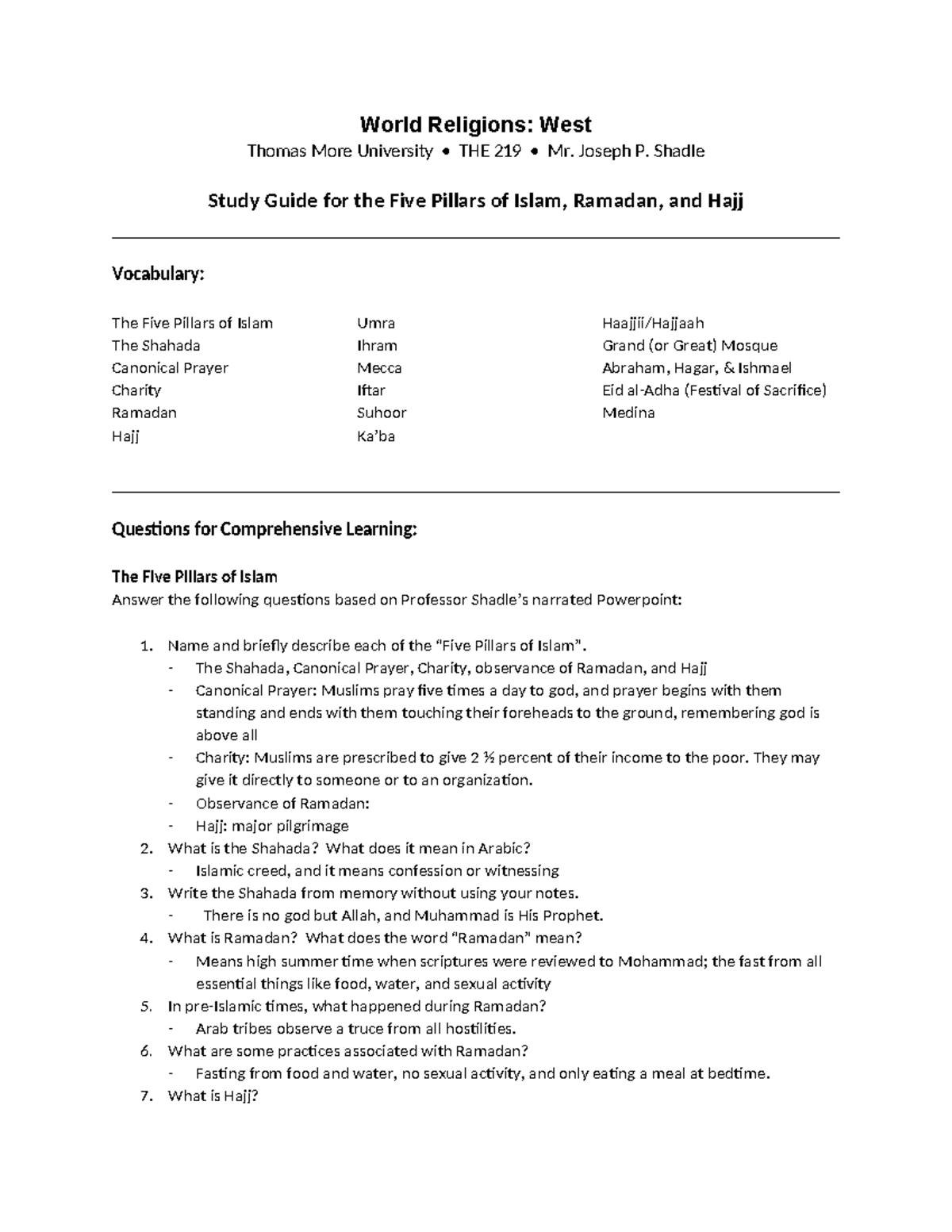 WR THE 219 Study Guide: Five Pillars of Islam, Ramadan & Hajj - Studocu