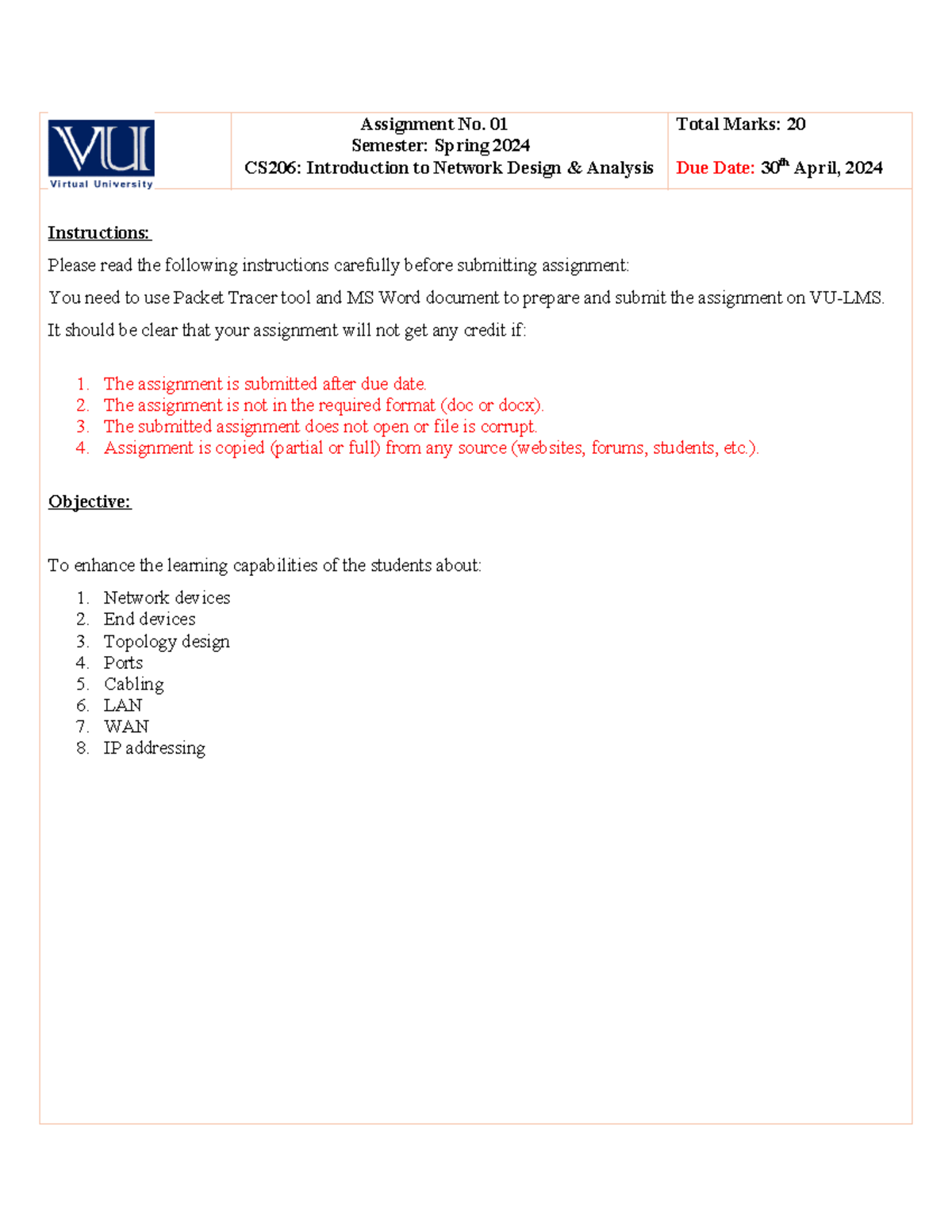 Spring 2024 CS206 Assignment 01: Network Design & Analysis Tasks - Studocu