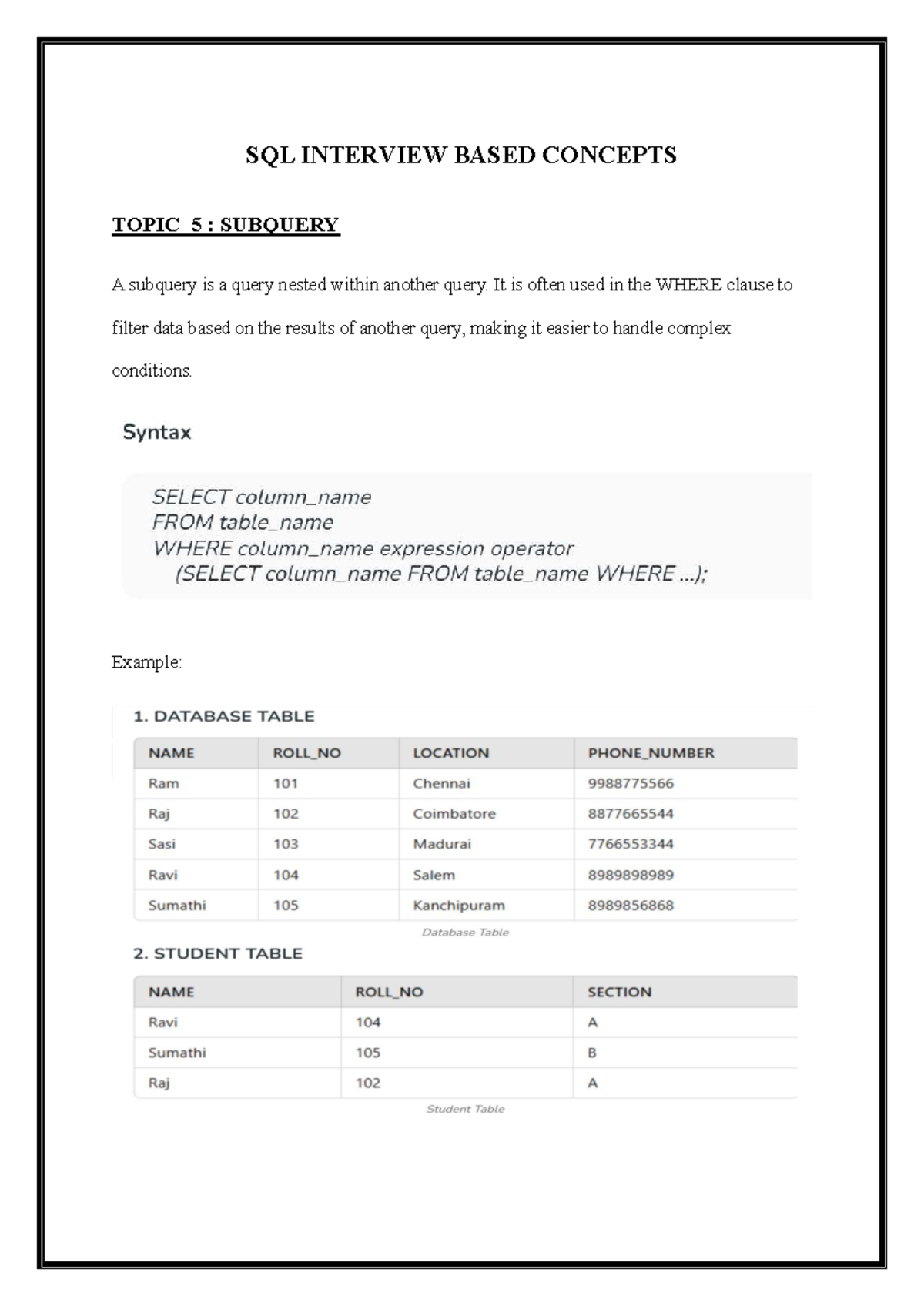 SQL INTERVIEW CONCEPTS: SUBQUERY EXPLAINED - Studocu