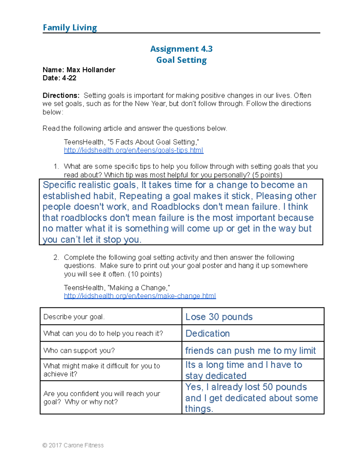 Health 1 Assignment 4: Goal Setting for Positive Change - Studocu