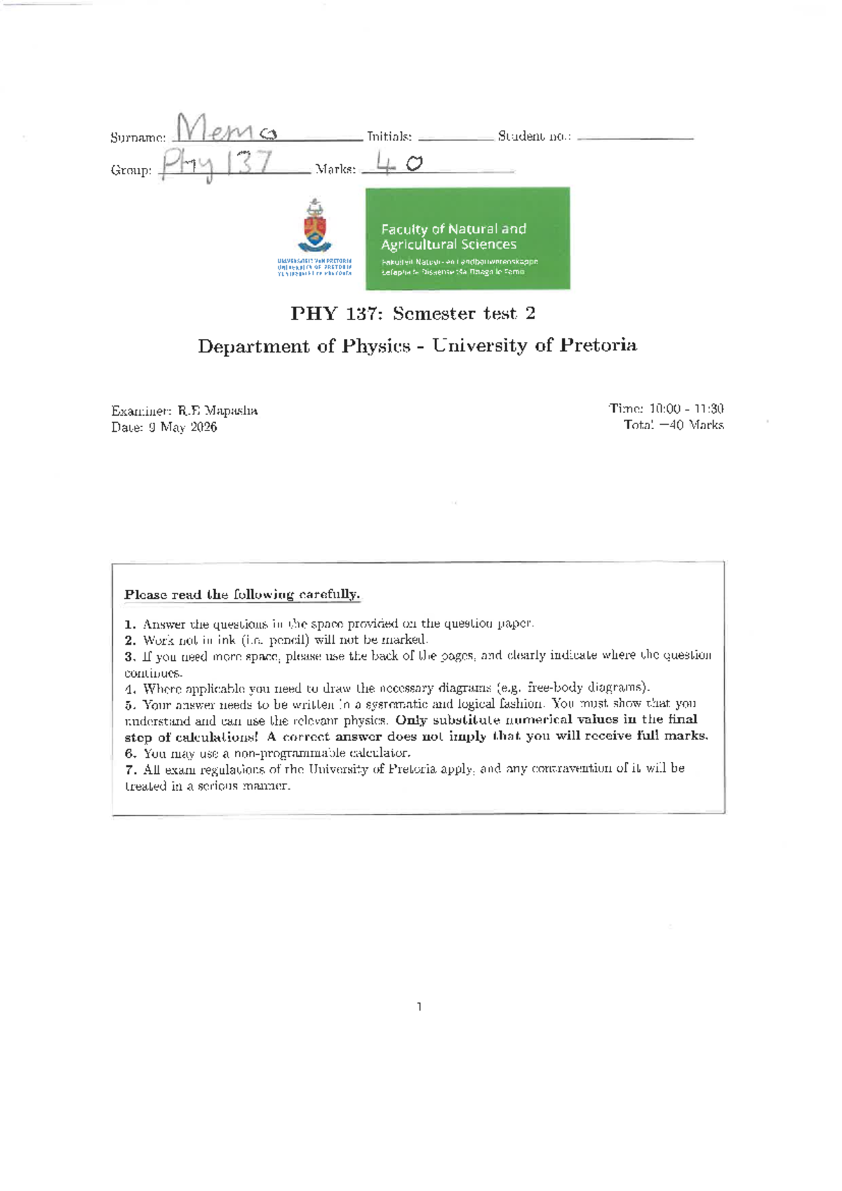 PHY 137: Semester Test 2 - University of Pretoria - Studocu