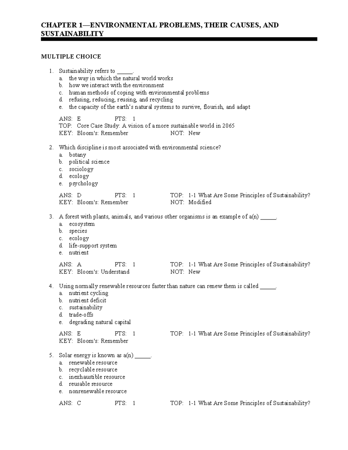 Ch1 - Environmental Problems and Sustainability MCQs - Studocu