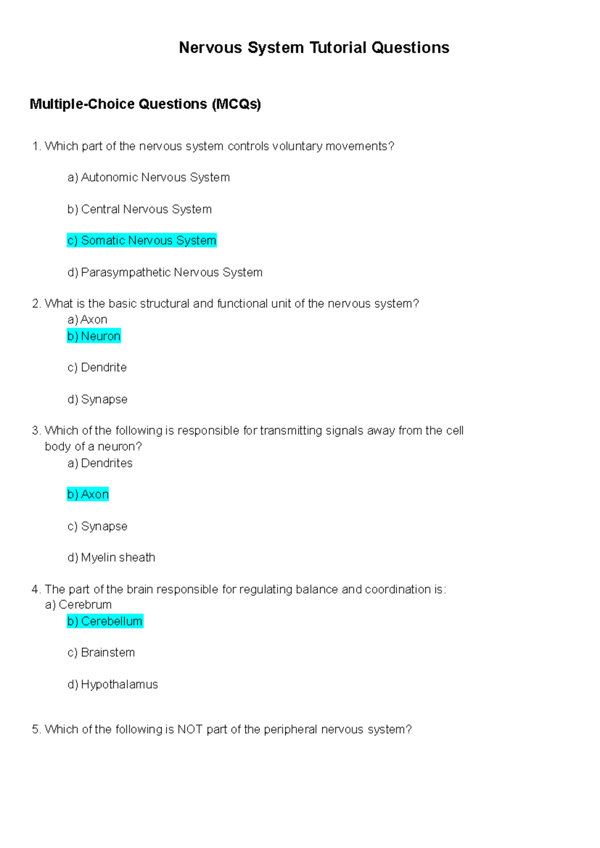 BIO310 Week 9 - Tutorial for Week 9. - Nervous System Tutorial ...