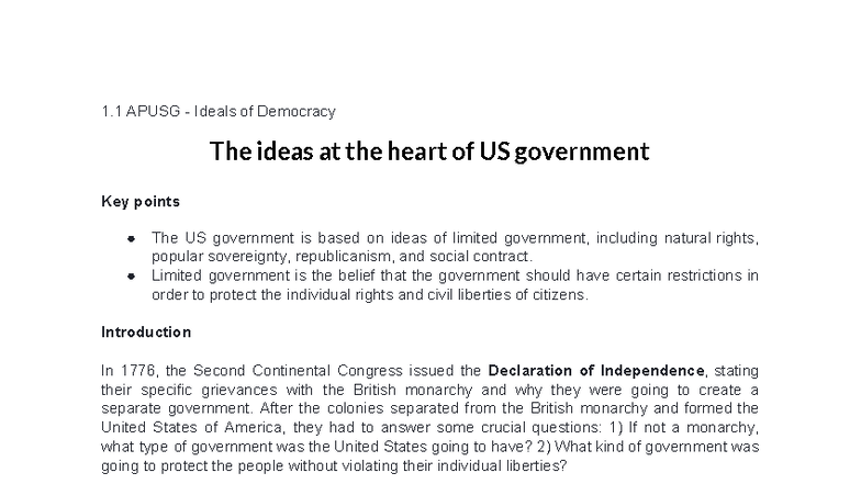1.1 APUSG - Key Points on Ideals of Democracy and Limited Government ...