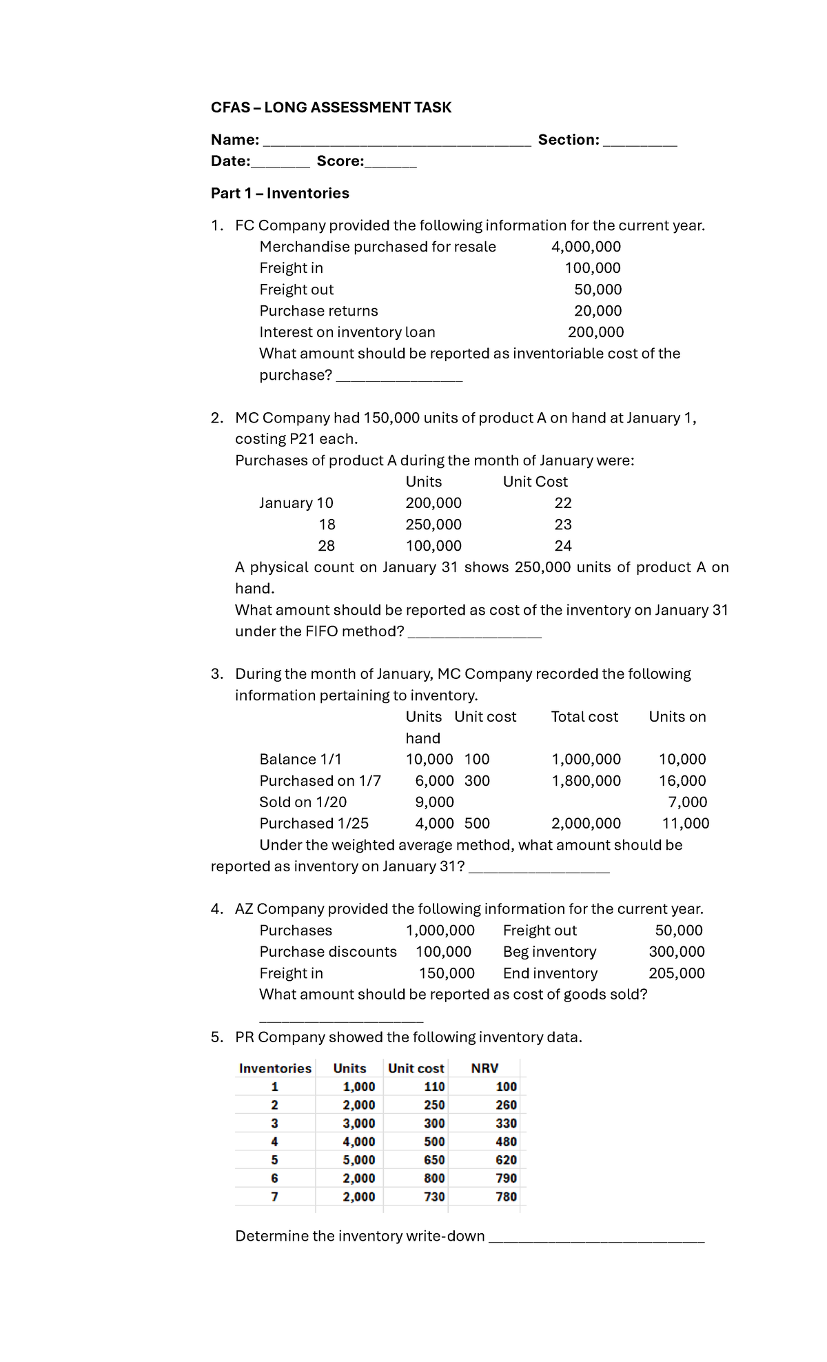 CFAS Long Assessment Task: Inventory Cost Calculations - Studocu