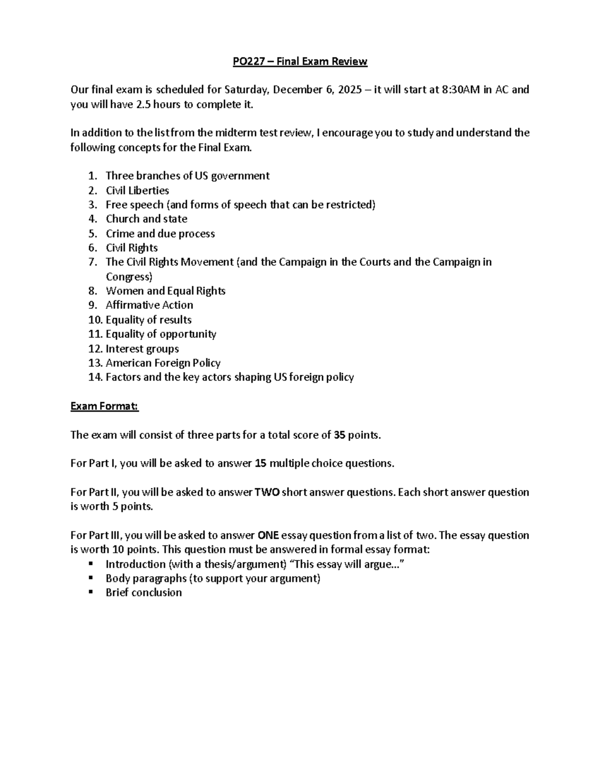 PO227 Final Exam Study Guide: Key Concepts & Format - Studocu