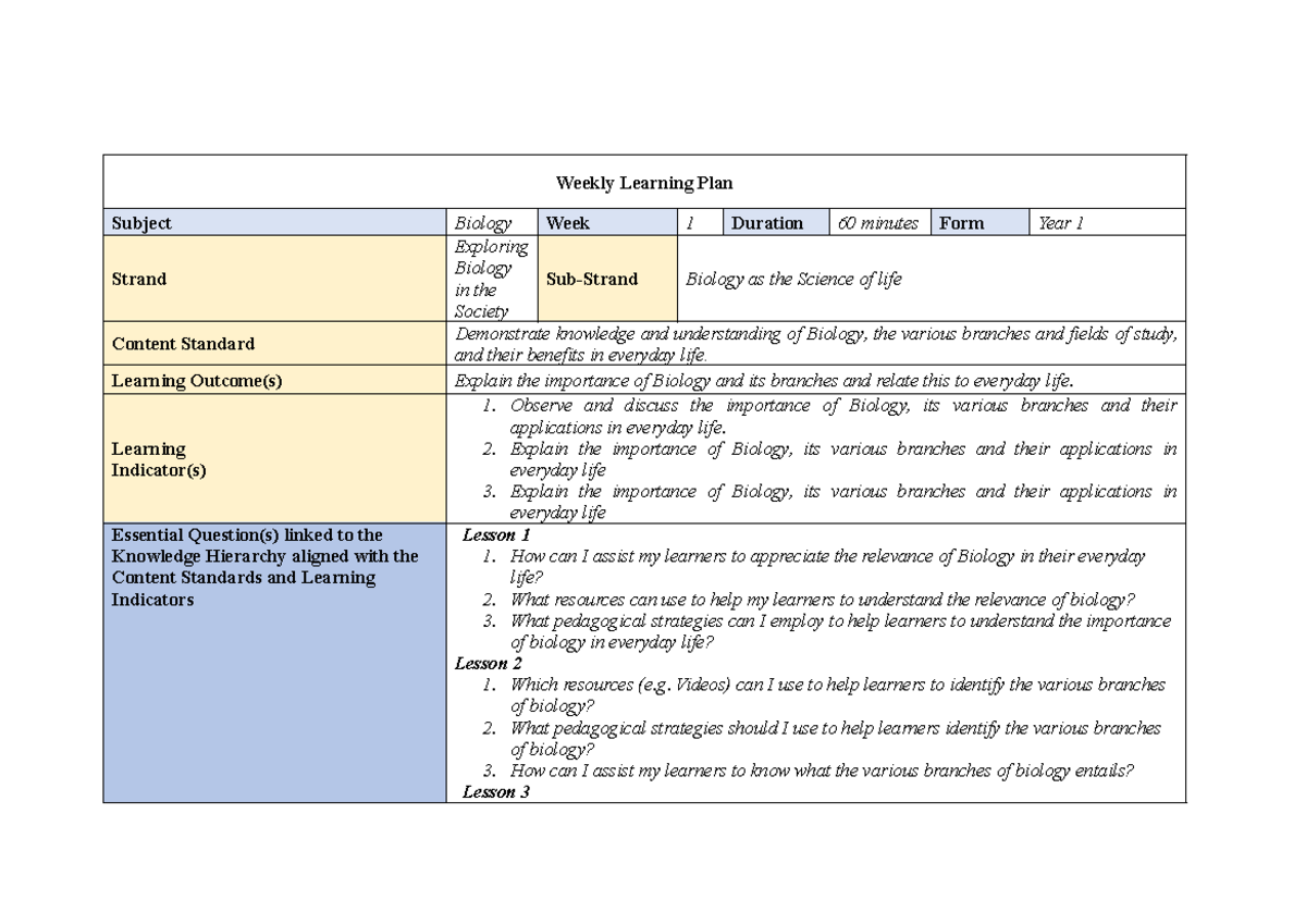 Biology Week 1-3 Lesson Planner: Exploring Concepts and Applications ...