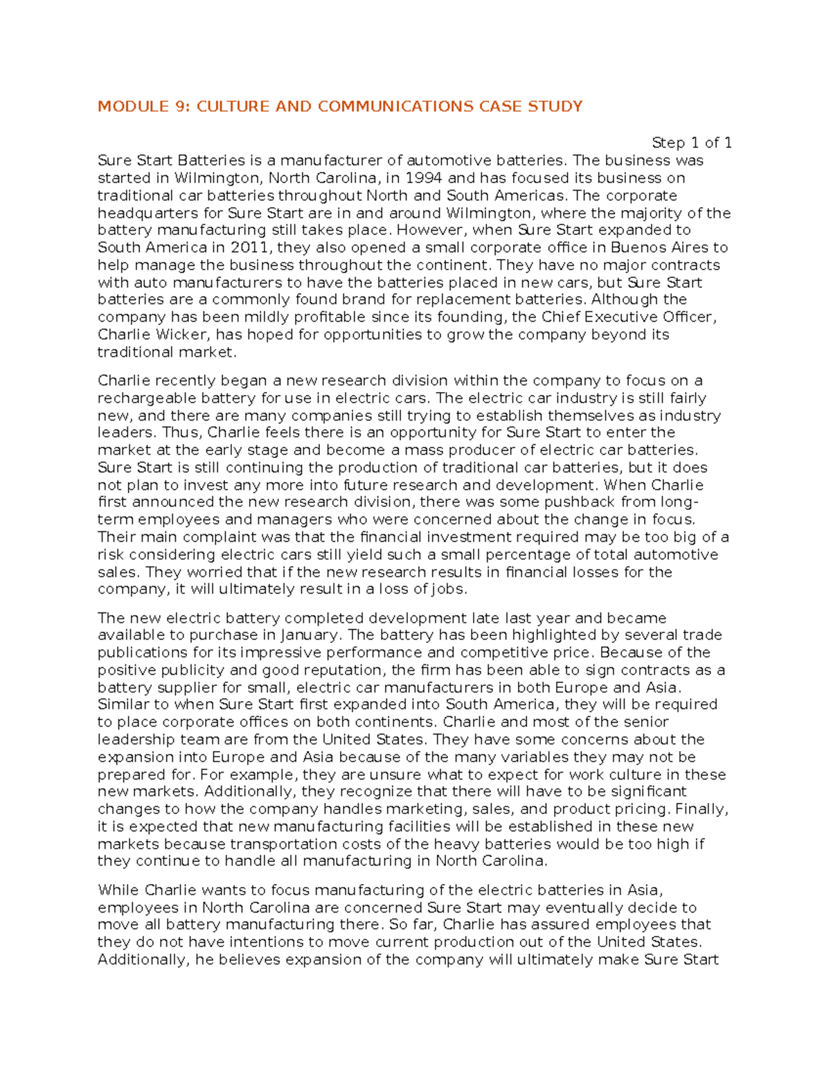 D080 Module 9: Culture & Communications Case Study on Sure Start Batteries - Studocu