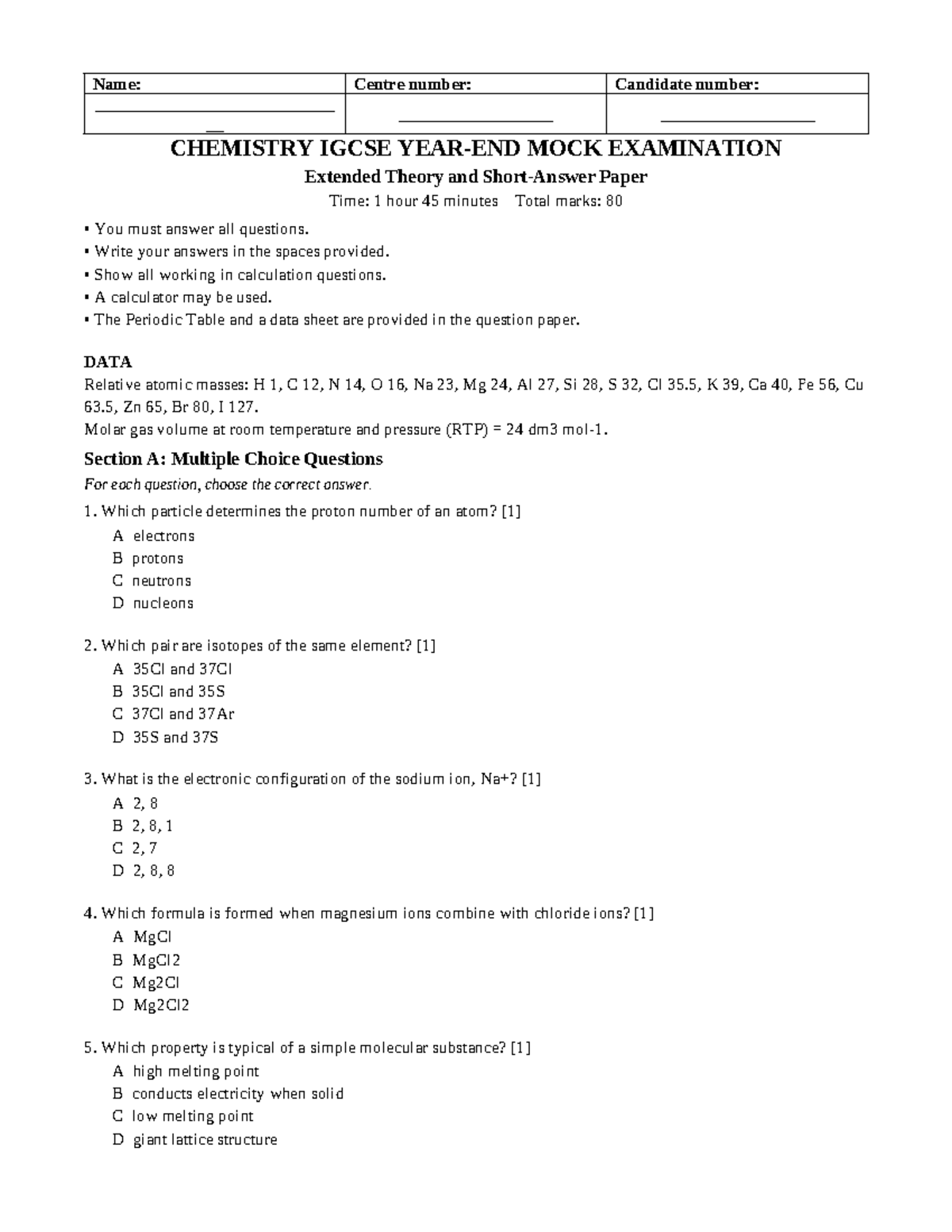 IGCSE Chemistry Mock Exam Paper - Year End Review - Studocu