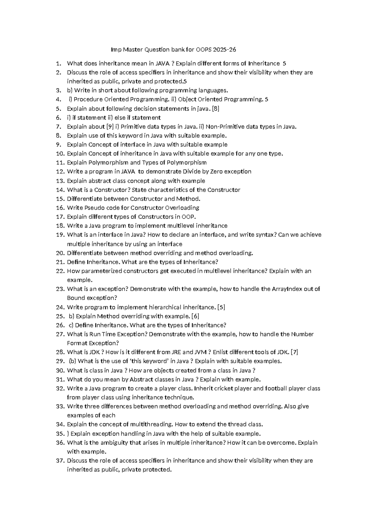 Imp Master Question Bank for OOPS 2025-26: Inheritance, Polymorphism & More - Studocu