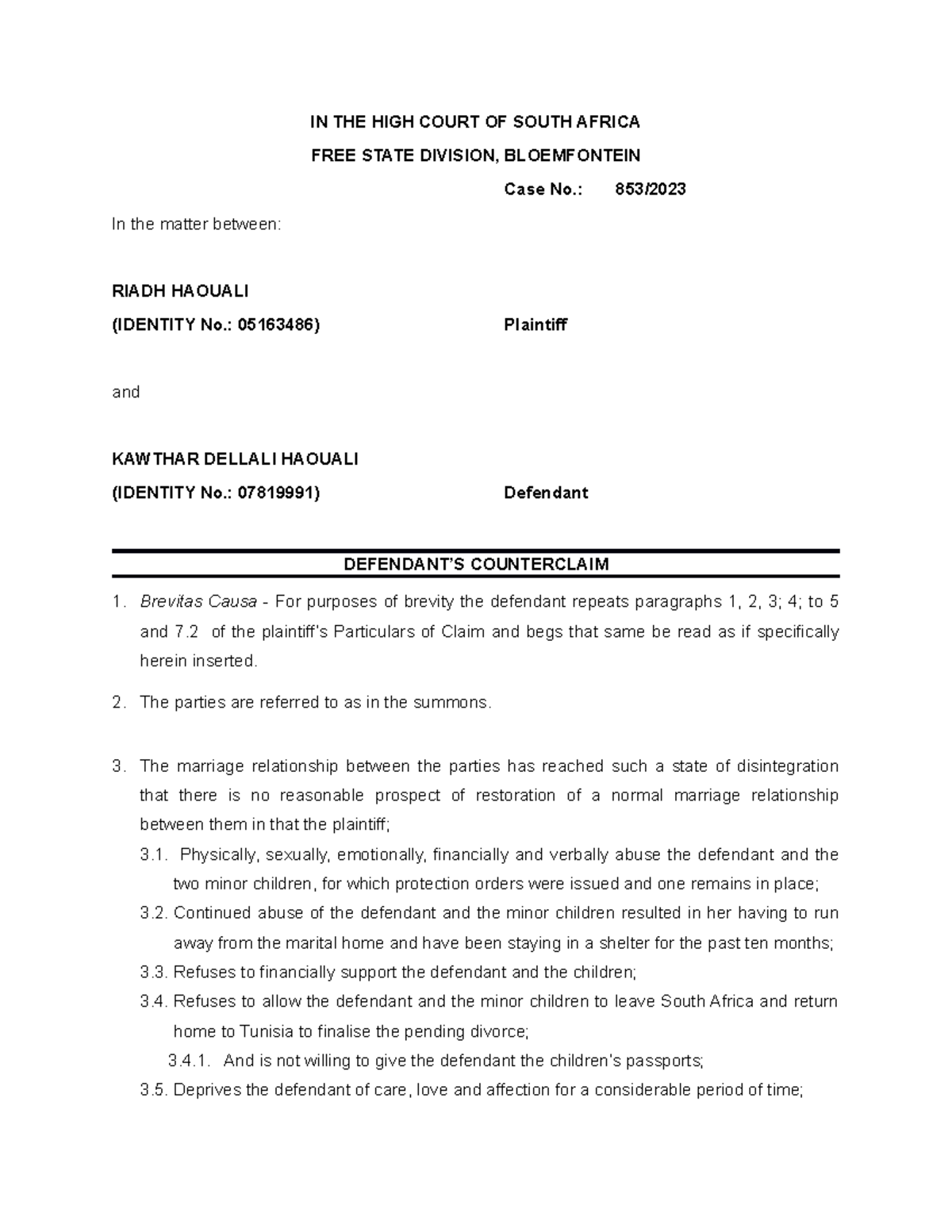Defendant's Counterclaim in High Court Case No. 853/ - Sample Document ...