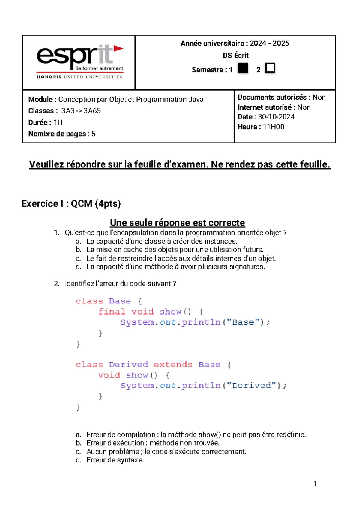 DS Écrit Conception par Objet et Programmation Java 3A3 S1 2024-2025 ...