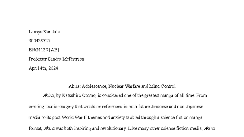ENG1120 Final Essay: Analyzing Akira's Dystopian Themes - Studocu