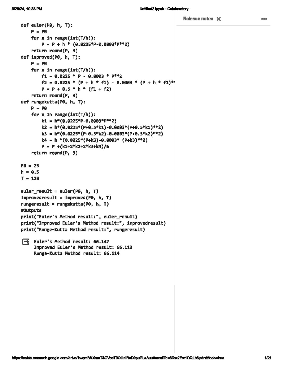 Python 2 - 10:38 PM Untitled2 Colaboratory Release notes X def euler ...