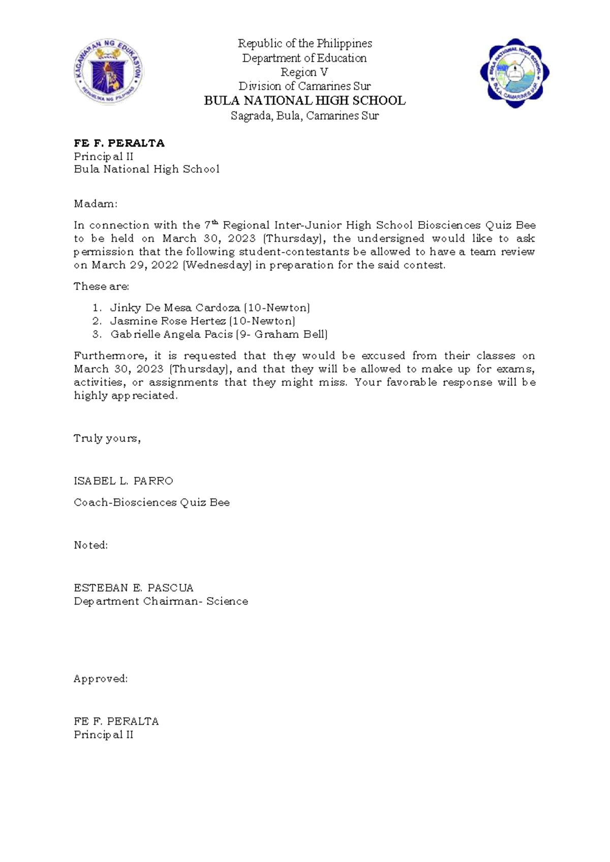 Excuse Letter for Quiz Bee Participation - March 30, 2023 - Studocu