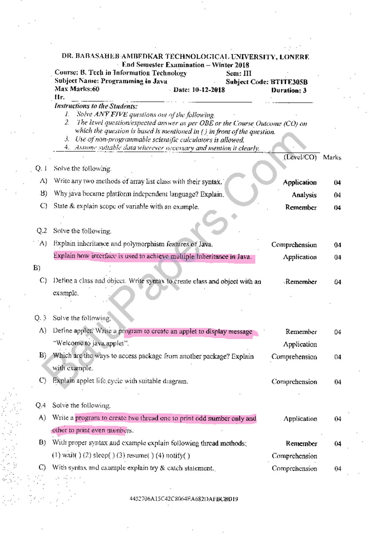 BTITE305B: Java Programming End Semester Exam Winter 2018 - Studocu