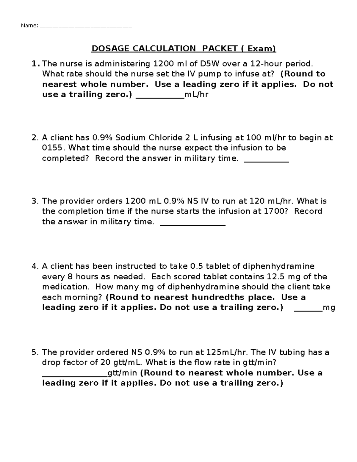 Dosage Calculation Exam Review (NURS 101) with Answer Key - Studocu