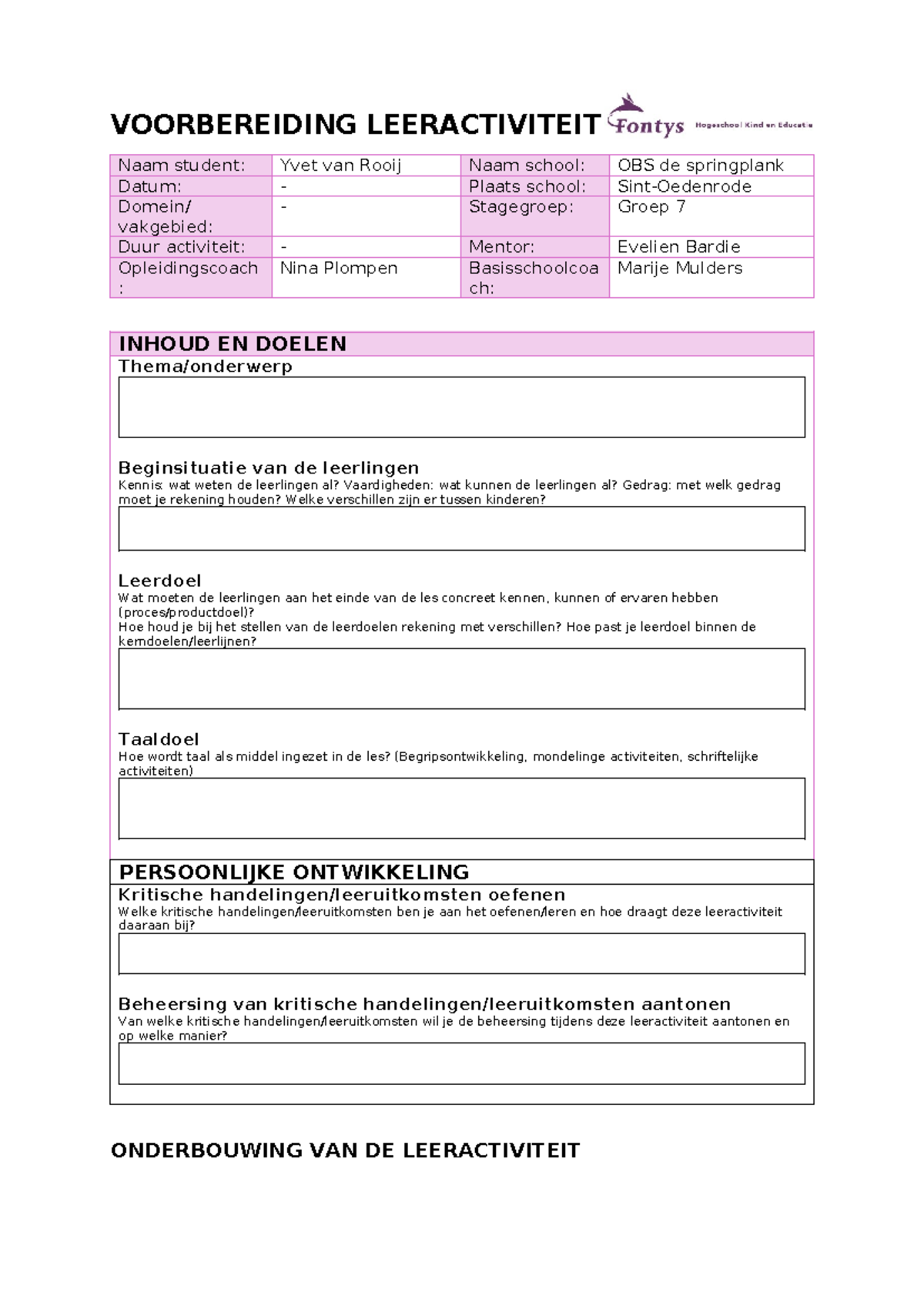 Leeg lesvoorbereidingsformulier voor Groep 7 - OBS de Springplank ...