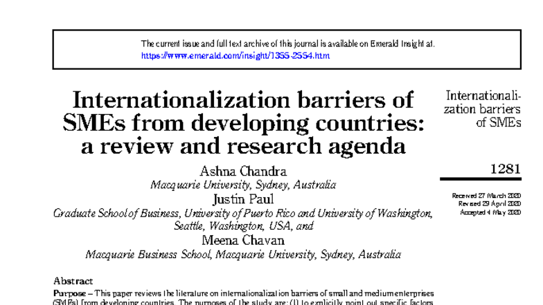 Internationalization Barriers of SMEs from Developing Countries: A ...