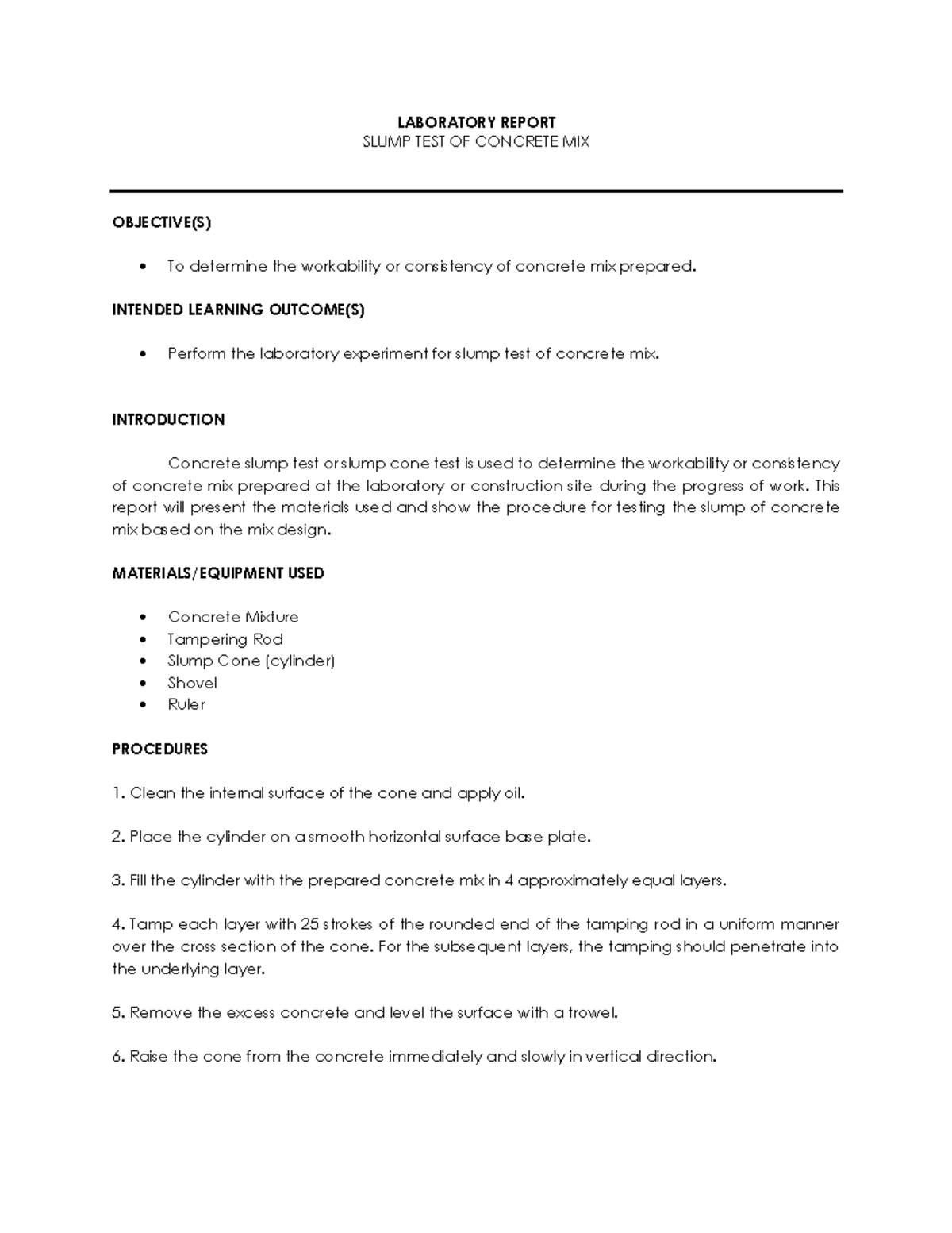 Lab Report Slump Test of Concrete Mix - LABORATORY REPORT SLUMP TEST OF ...