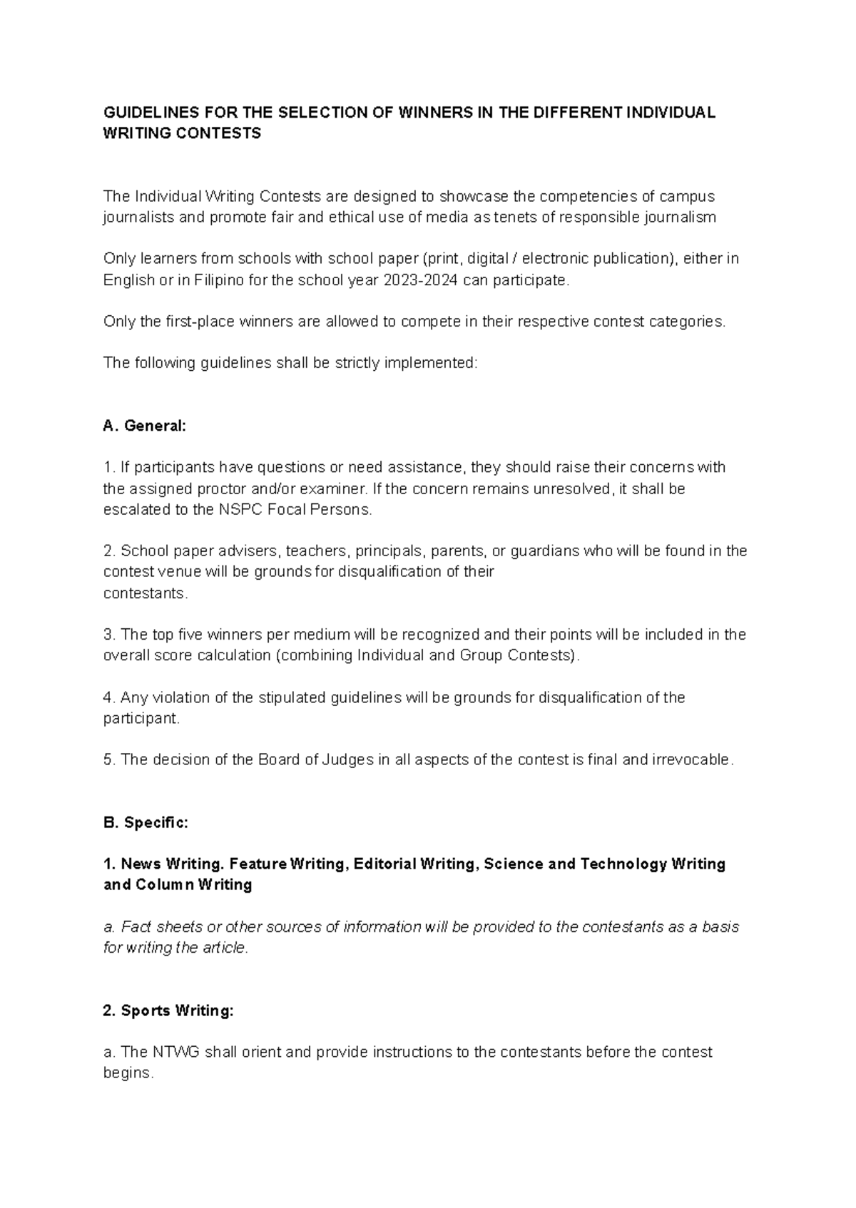 2024 DepEd NSPC Writing Contests Selection Guidelines - Studocu