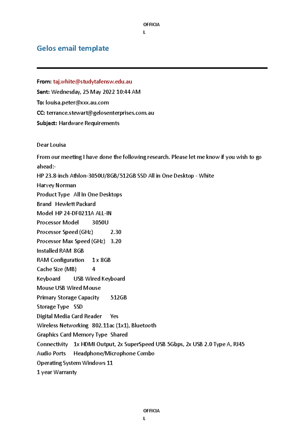 Gelos Email Template: Hardware Requirements Overview by Taj - Studocu