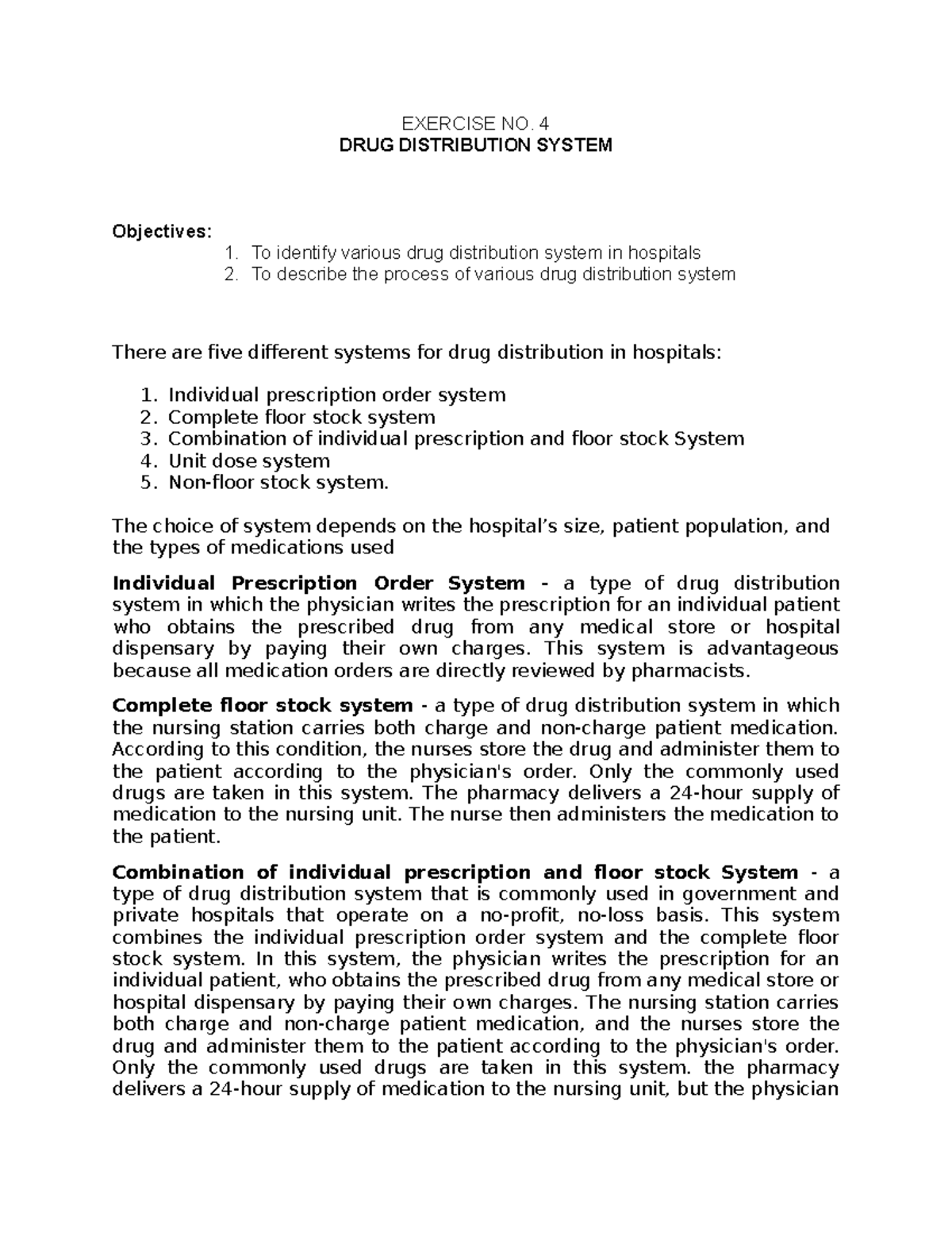 Exercise 4: Analysis of Drug Distribution Systems in Hospitals - Studocu