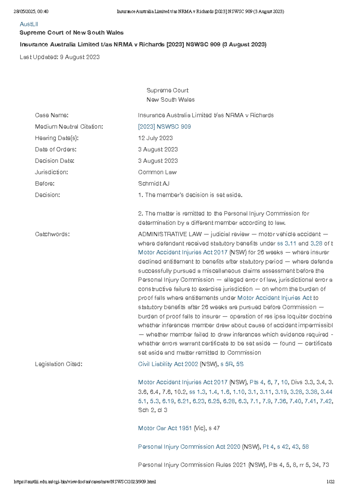 Insurance Australia Limited NRMA v Richards NSWSC 909 Case Review (3 ...