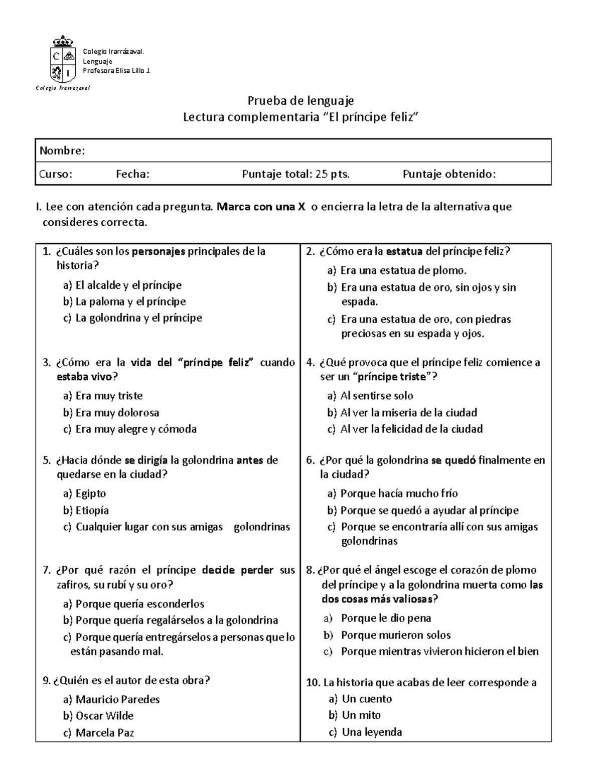 Lectura Complementaria: "El Príncipe Feliz" - Prueba de Lenguaje - Studocu
