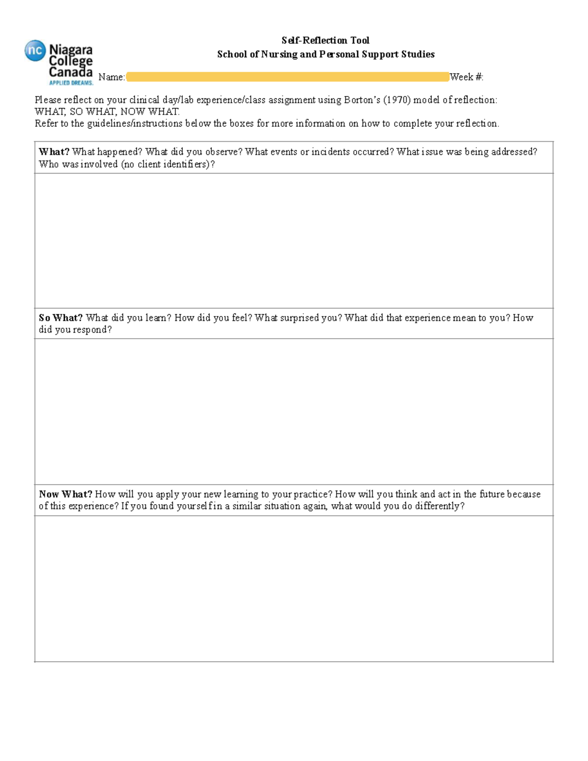 NURS 101: Weekly Self-Reflection Tool Using the 1970 Model - Studocu