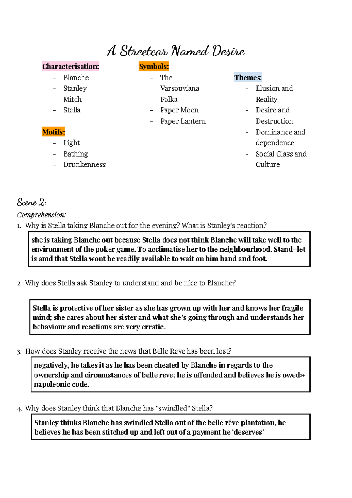 ASND Scene 2 Character Analysis: Blanche, Stanley, and Stella - Studocu