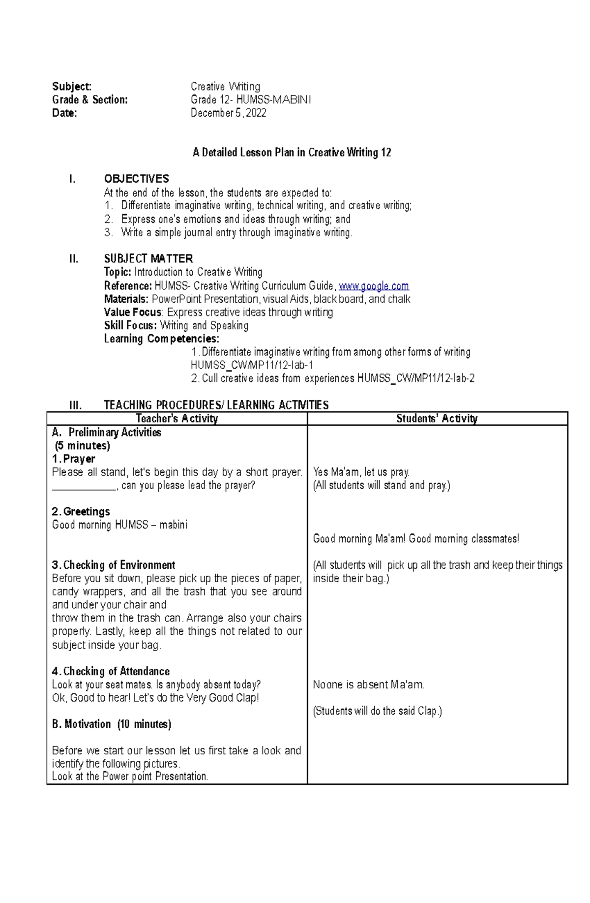 Detailed Lesson Plan: Creative Writing 12 - Quarter 1 Activities - Studocu
