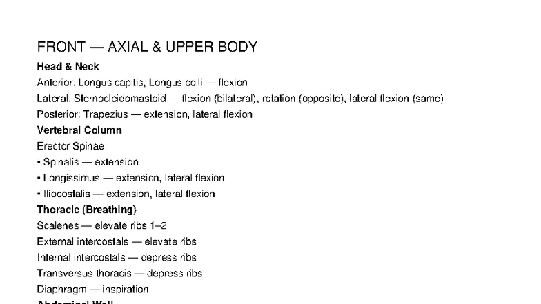 Muscle Cheat Sheet: Front & Back Axial Upper Body Overview - Studocu