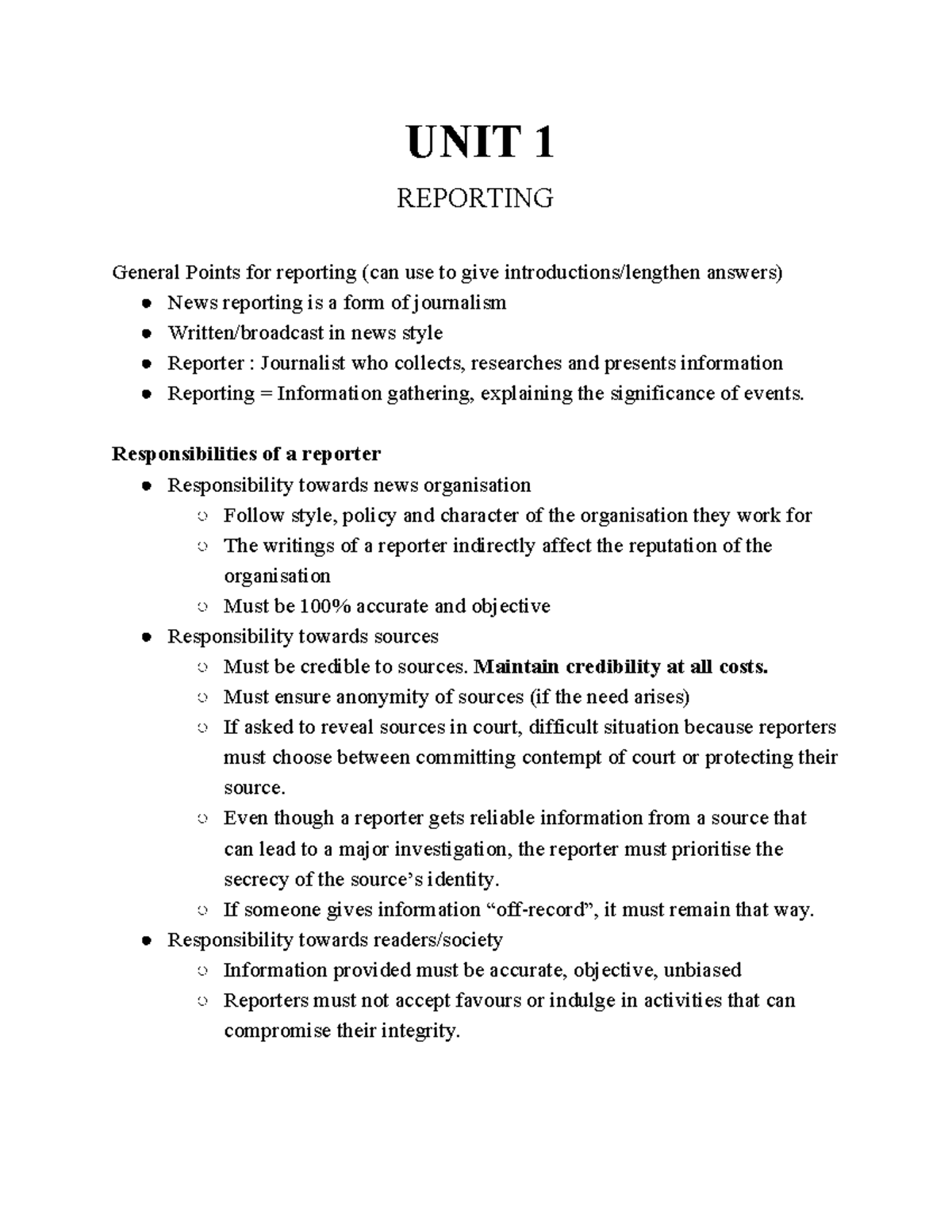 Reporting AND Editing- SEM 2 - UNIT 1 REPORTING General Points for ...