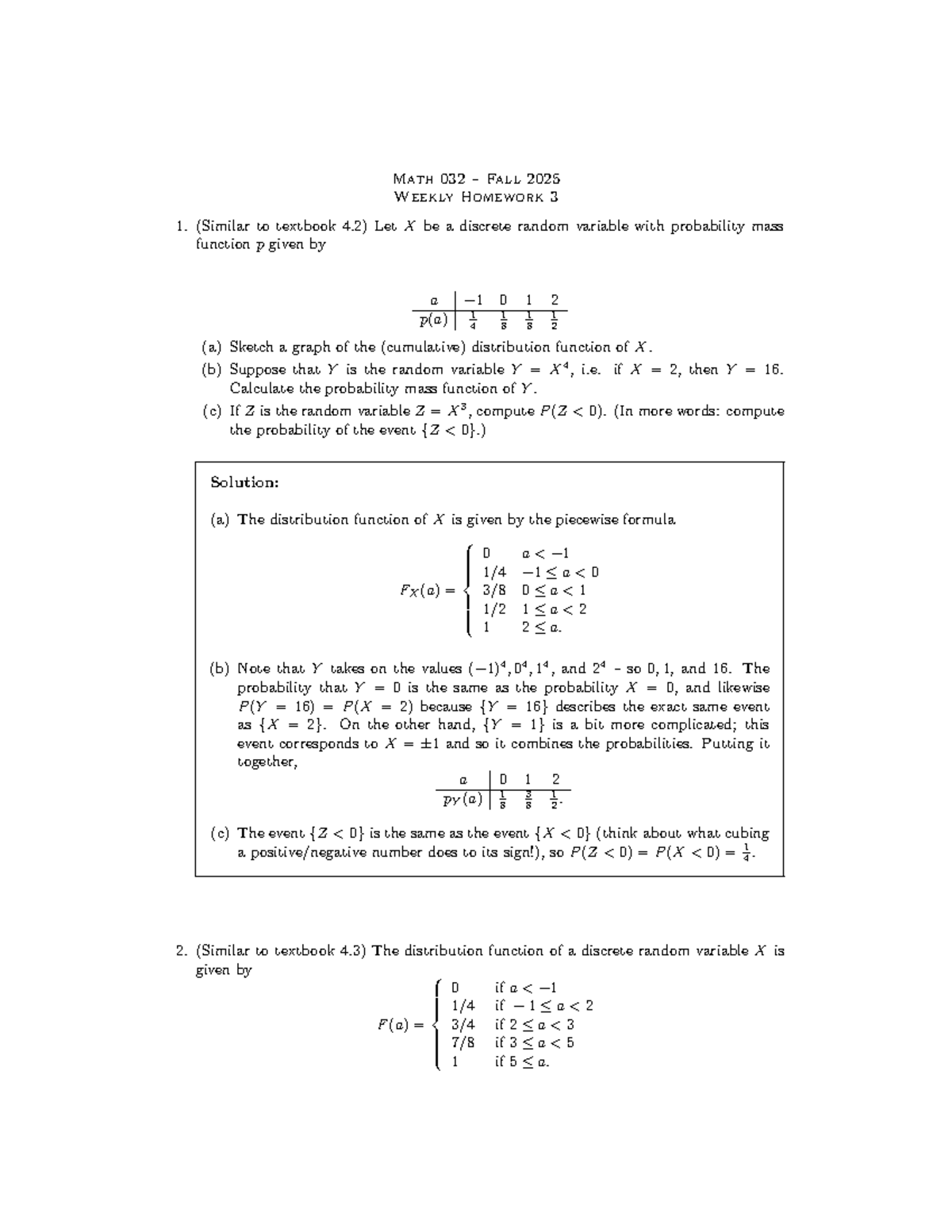 Math 032 Fall 2025 Homework 3 Solutions: Discrete Random Variables - Studocu