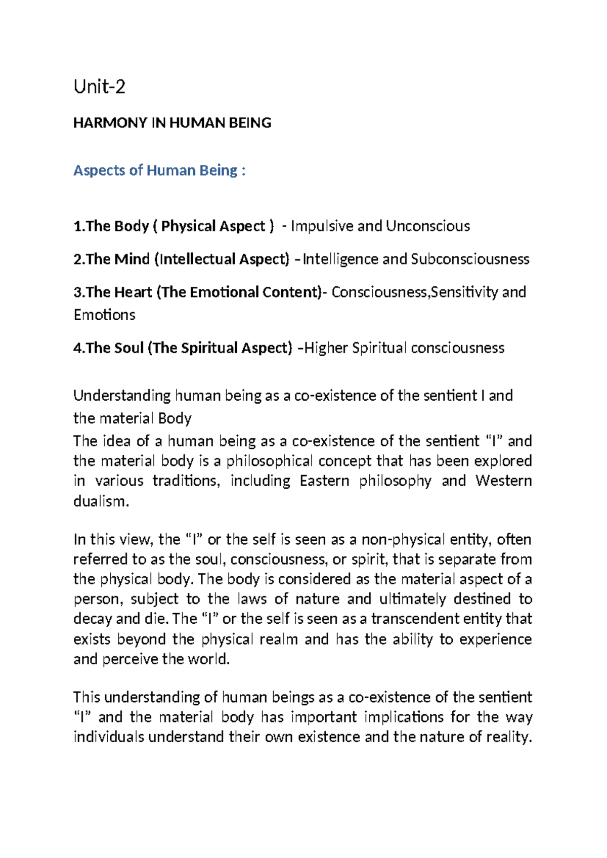Unit-2 - Upload the notes - Unit- HARMONY IN HUMAN BEING Aspects of ...