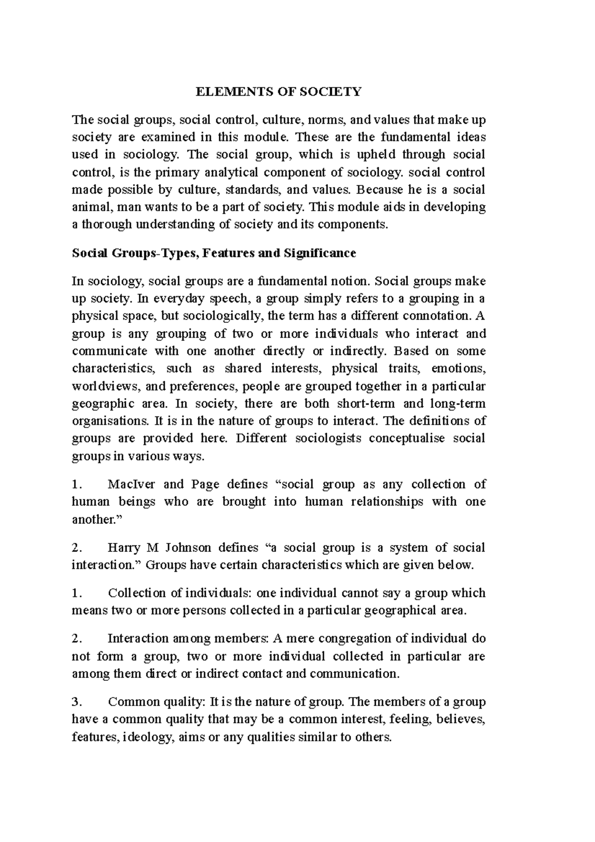 Sociology 101: Key Elements of Society and Social Groups - Studocu