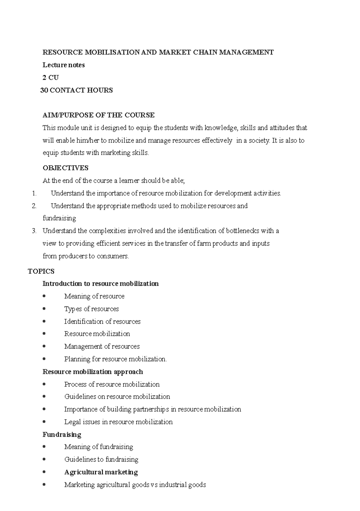 Final Notes on Resource Mobilisation and Market Chain Management (RM ...