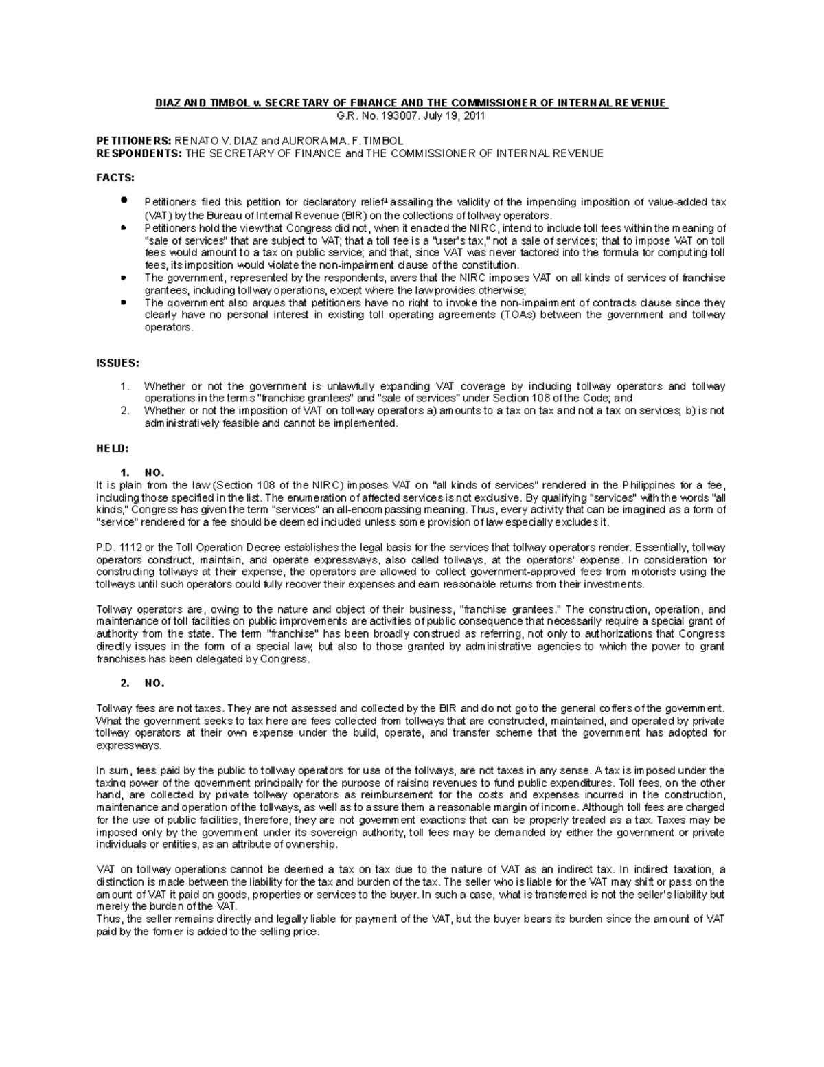 421733359 DIAZ AND Timbol v Secretary OF Finance AND THE Commissioner OF Internal Revenue - DIAZ ...