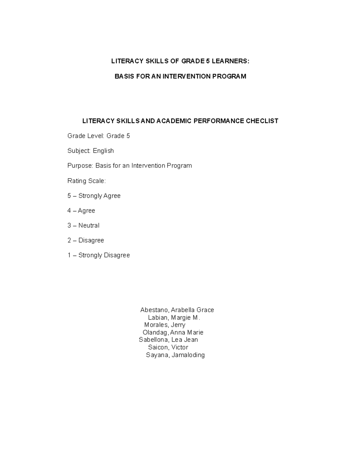 Grade 5 Literacy Skills Assessment: Basis for Intervention Program ...