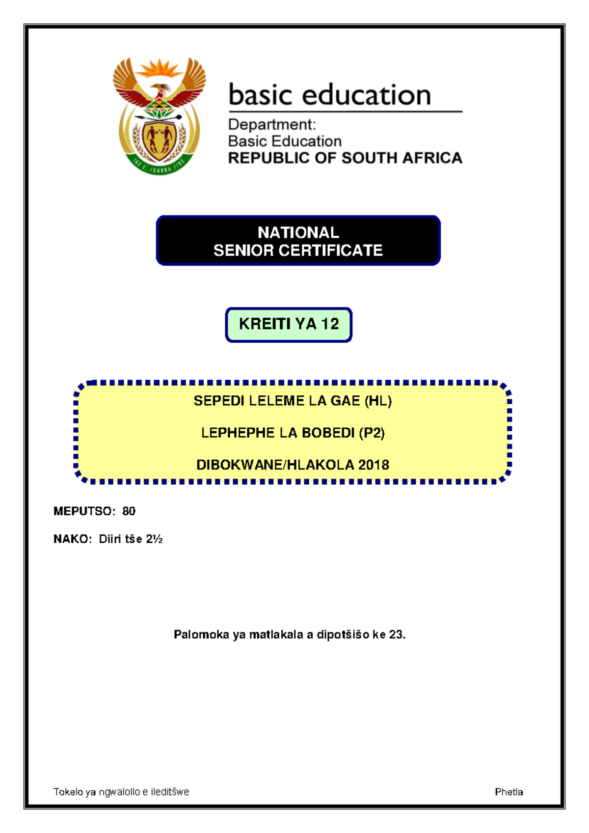 Grade 12 Sepedi NSC Final Exam Question Paper 2018 - Studocu