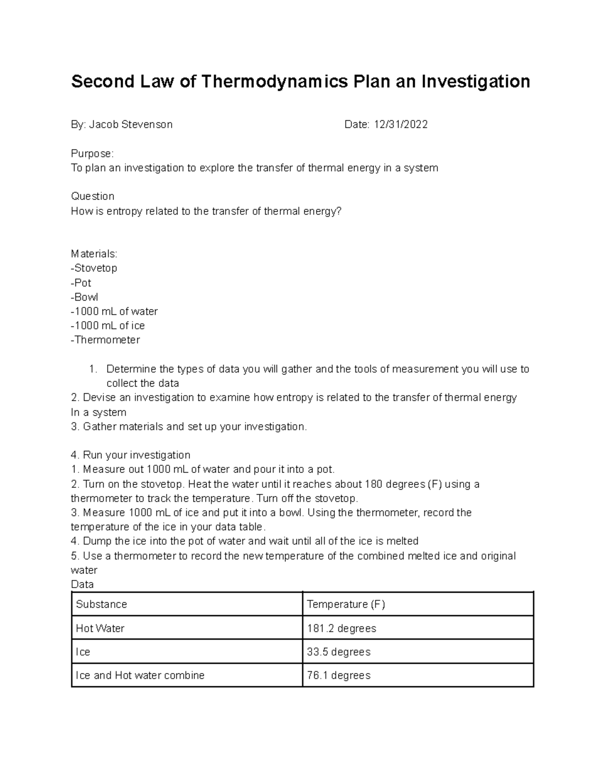 Investigation Plan for the Second Law of Thermodynamics - Studocu