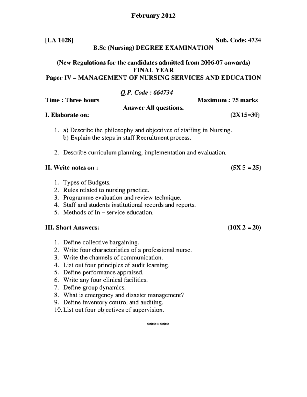 B.Sc Nursing Final Year Paper IV: Management of Nursing Services ...