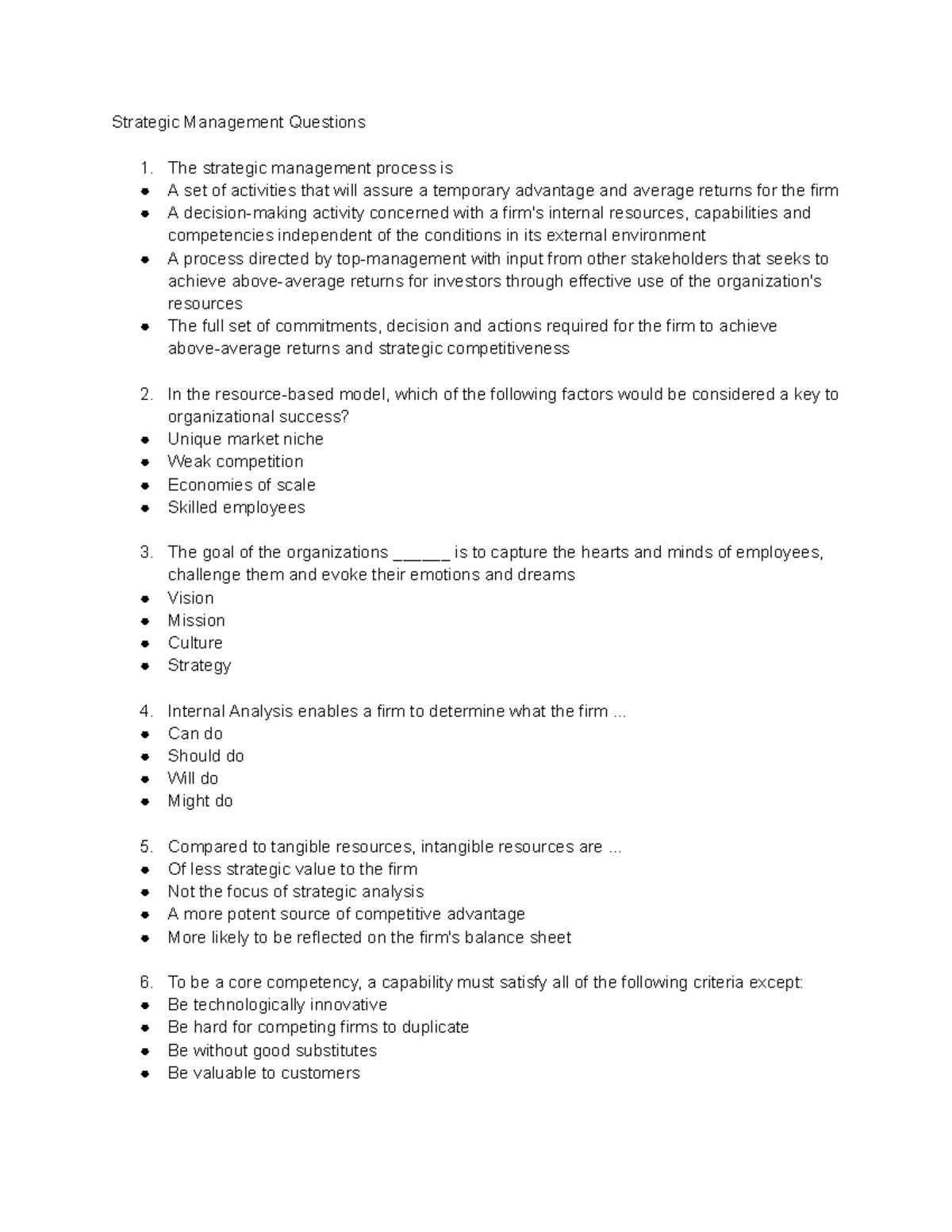 Strategic Management MC Questions - Practice (No Answers) - Studocu