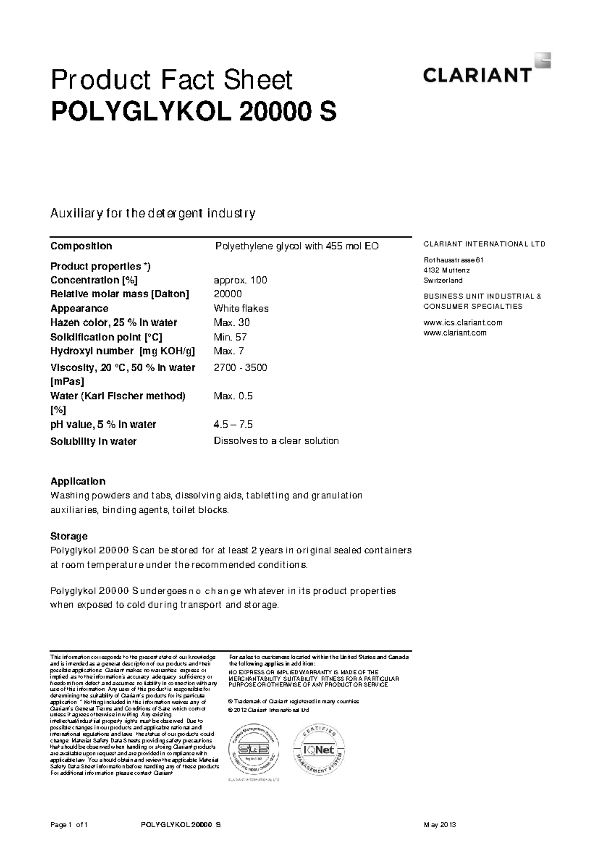 Product Fact Sheet: POLYGLYKOL S for Detergent Industry - Studocu